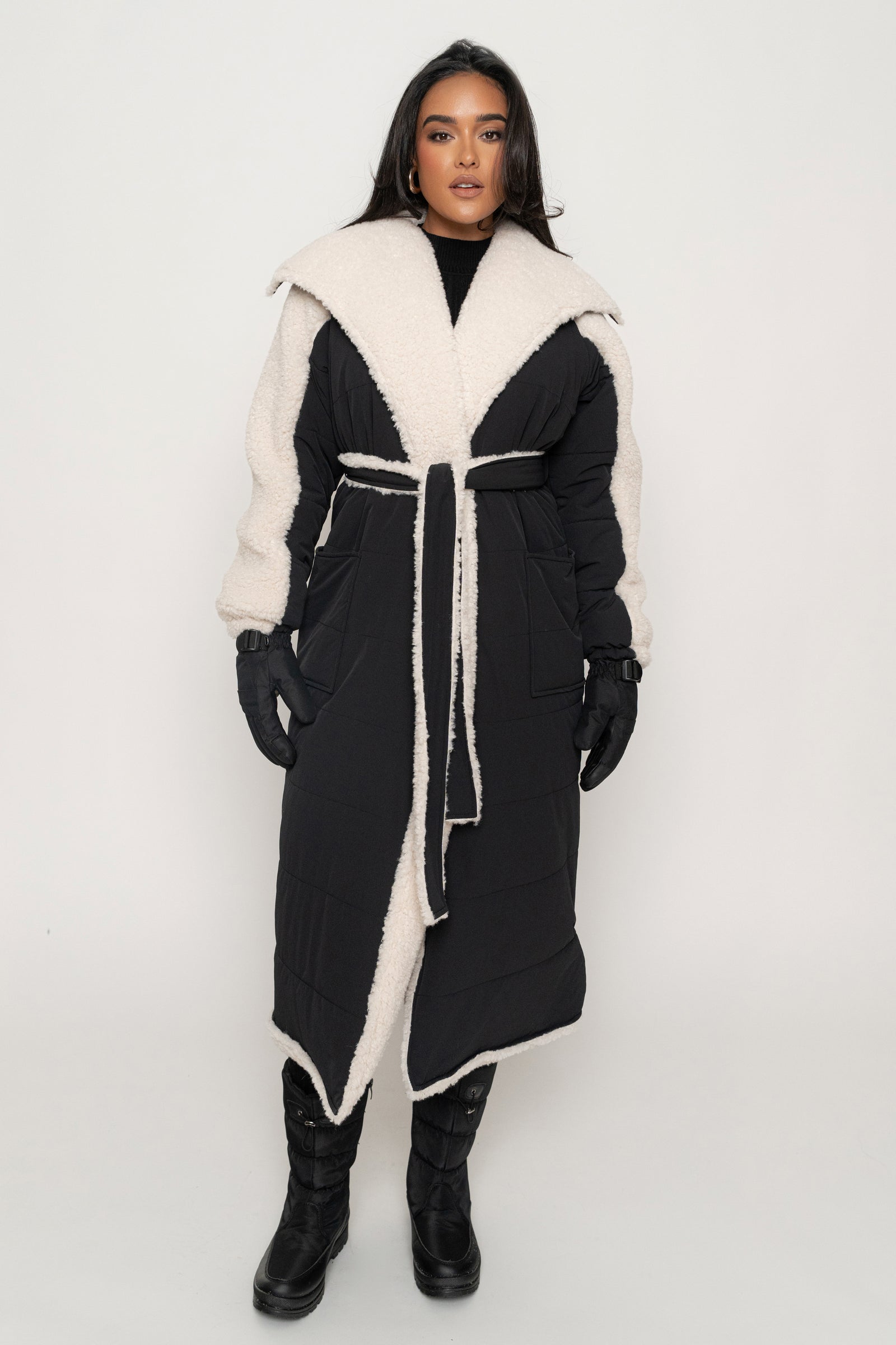 Black/Ivory Contrast Sherpa Coat | JLUXLABEL